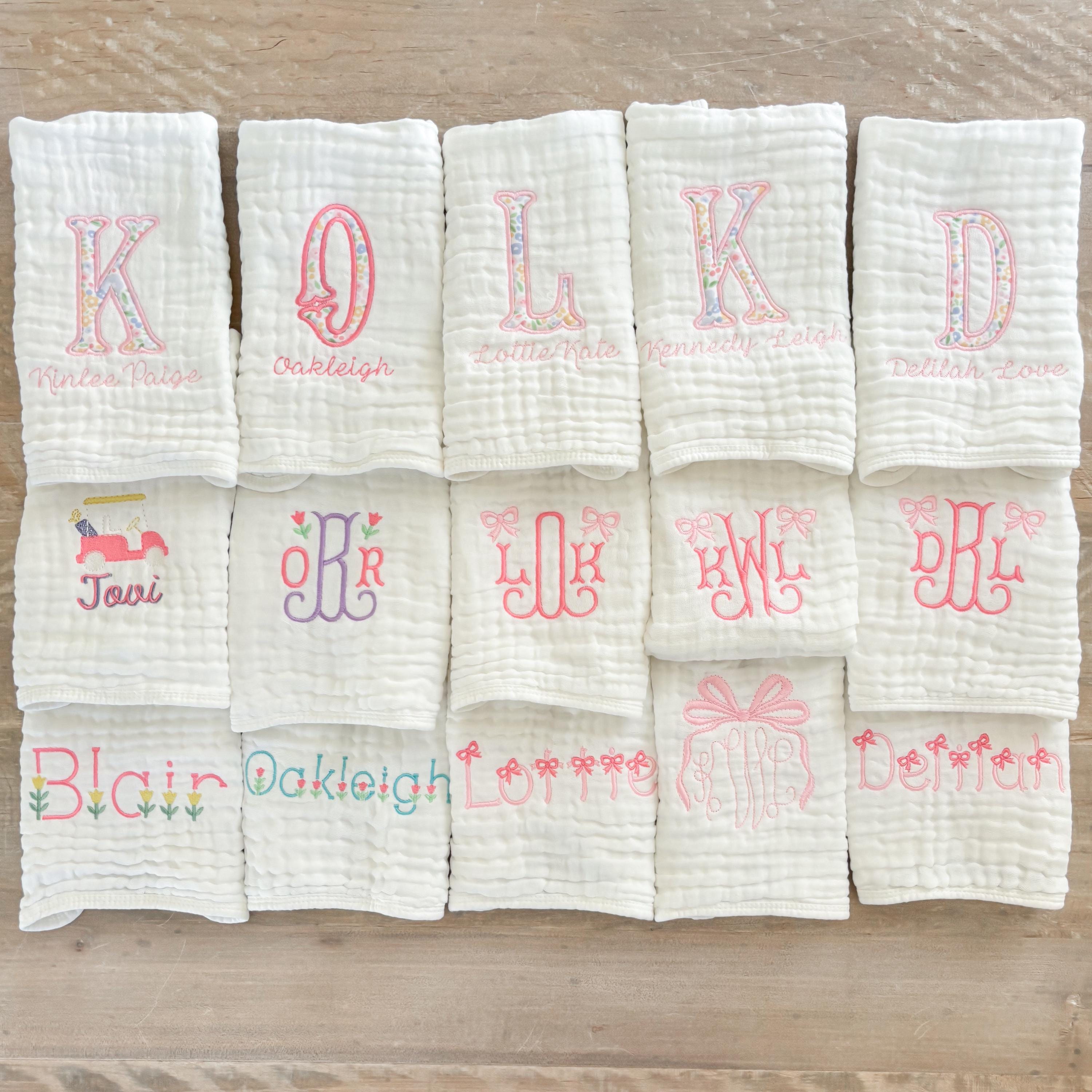 Baby Girl Custom Embroidered Muslin Burp Cloths – Sarah Slusher Designs