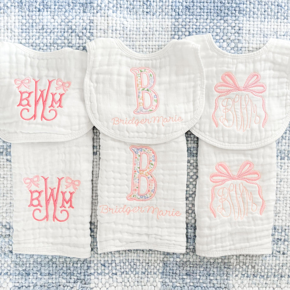 Baby Girl Custom Embroidered Muslin Bibs and Burp Cloths – Sarah ...